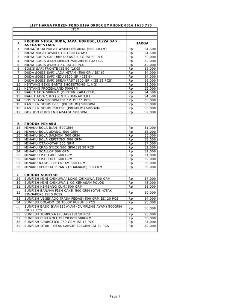 Price List Frozen Food Atni | PDF