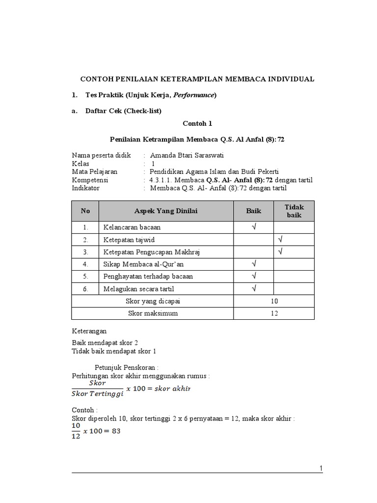Contoh Penilaian Keterampilan | PDF