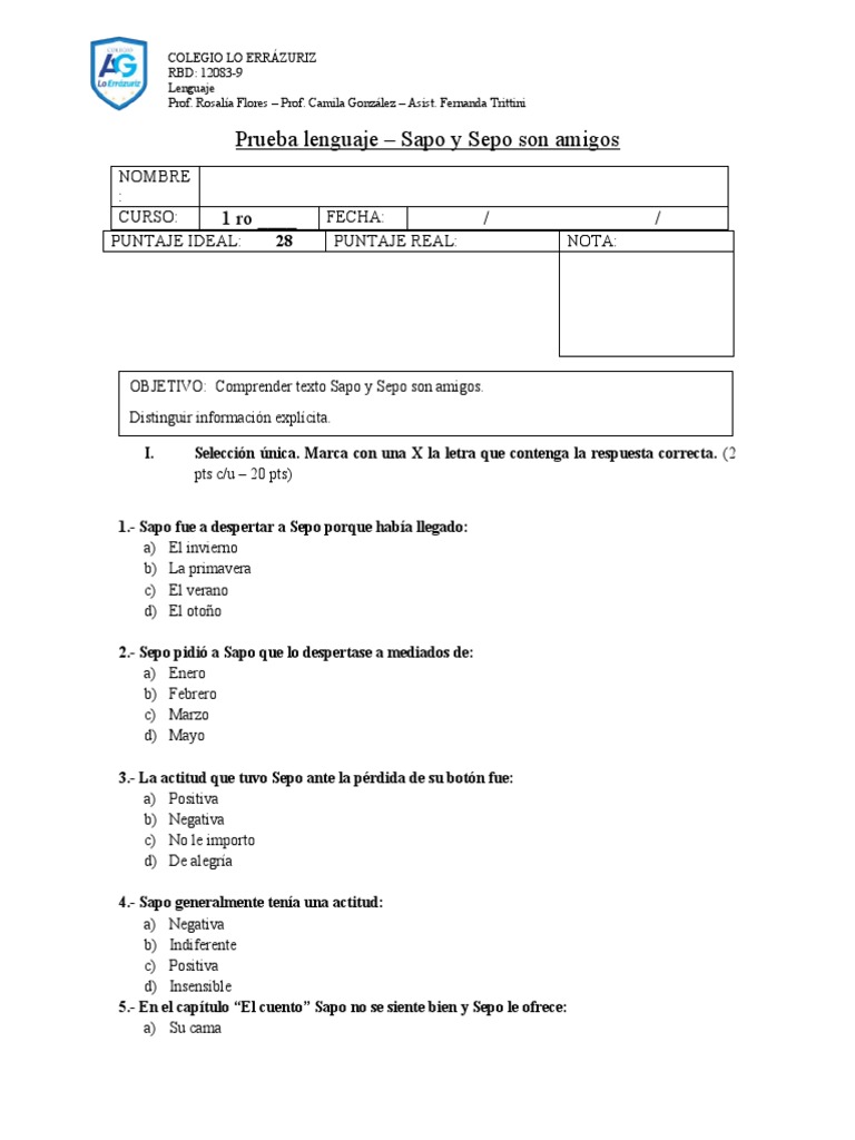 Prueba Sapo y Sepo Son Amigos | PDF