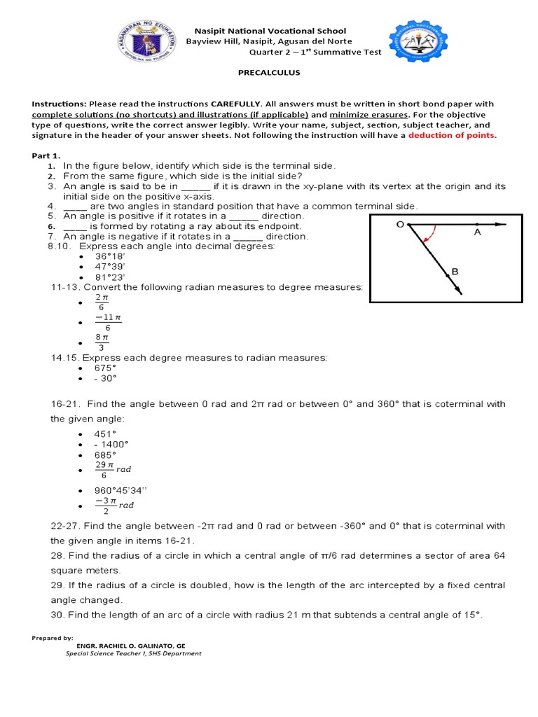 Summative 1st Quarter 2 Precalculus | PDF | Angle | Geometry