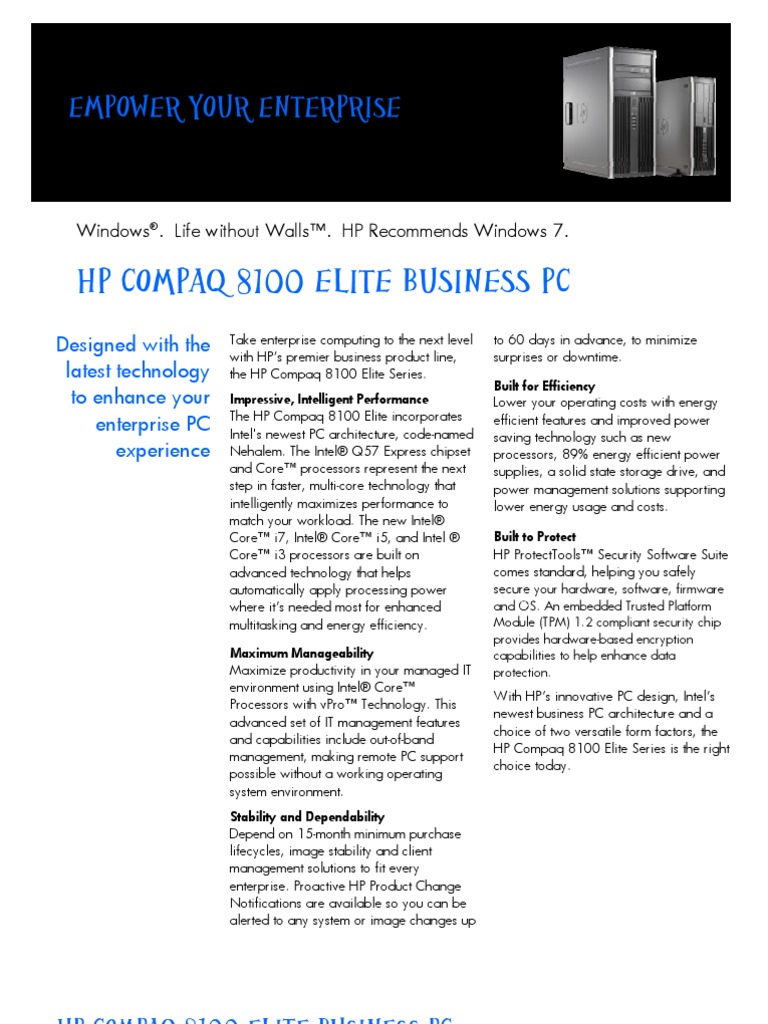 HP Compaq 8100 Elite Business PC Data Sheet FINALv2 | PDF | Operating ...