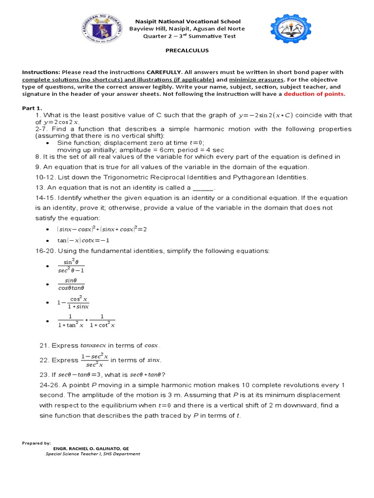Precalculus 3rd Summative Test Guide | PDF | Equations | Trigonometric ...