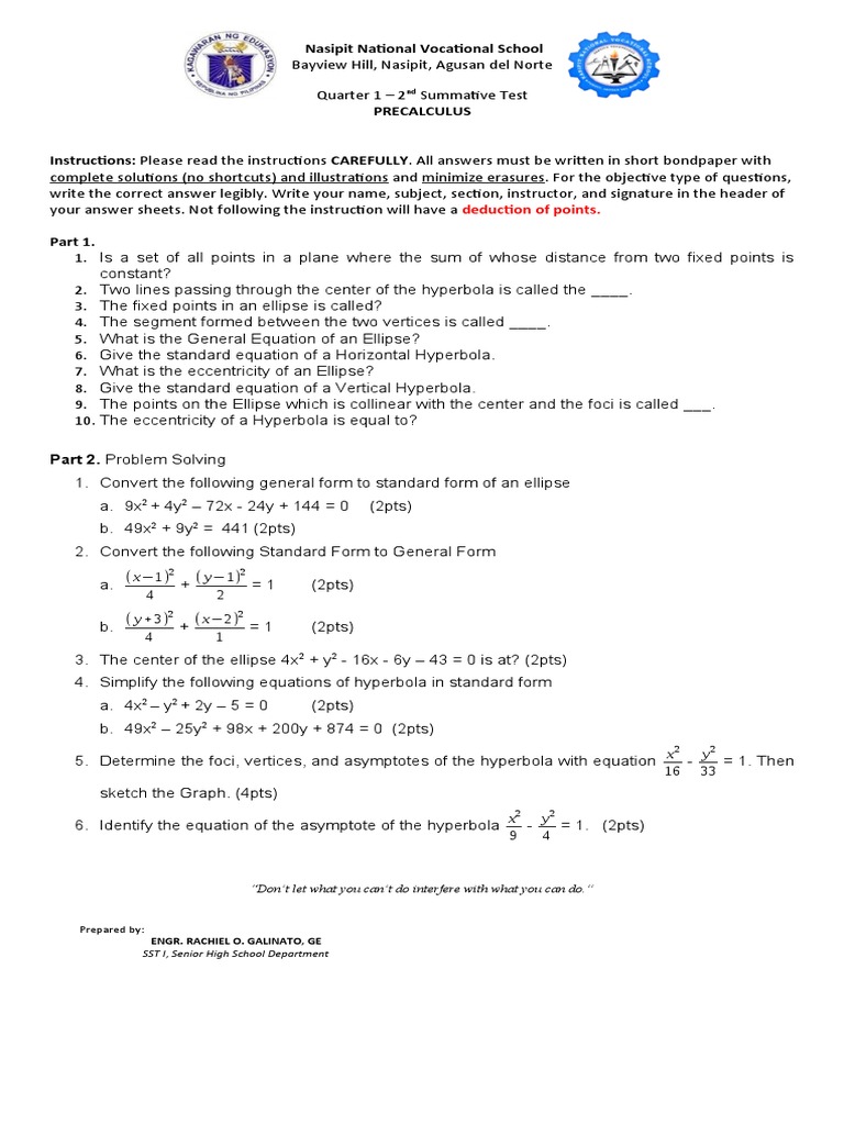 Summative 2nd Quarter 1 Precalculus | PDF | Ellipse | Equations