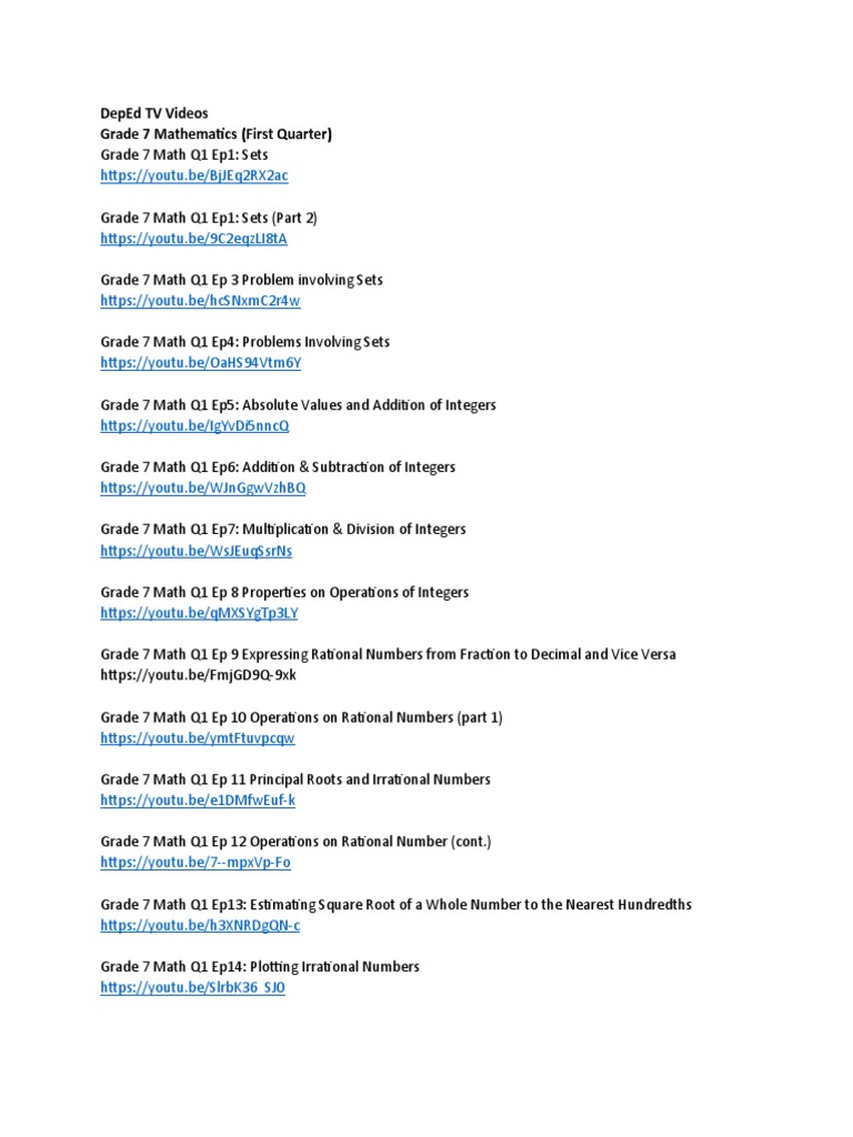 Deped TV Videos Grade 7 Mathematics (First Quarter) | PDF | Quadratic ...