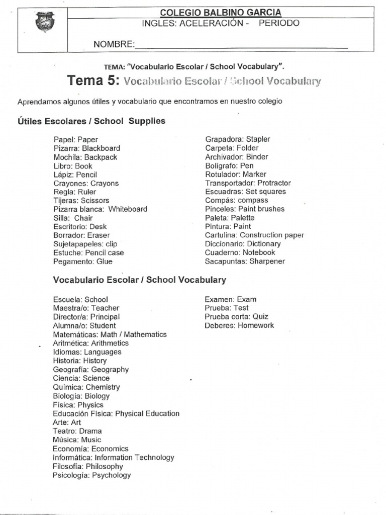 Tema 5 Vocabulary | PDF