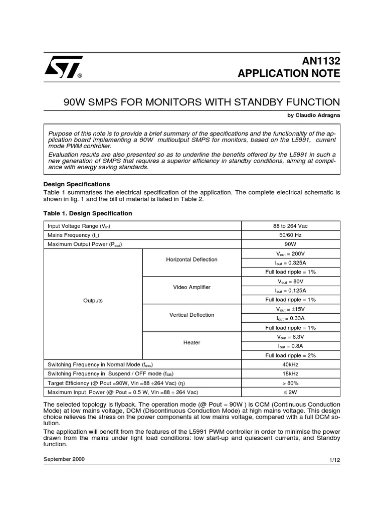 90W Smps For Monitors With Standby Function: AN1132 Application Note ...