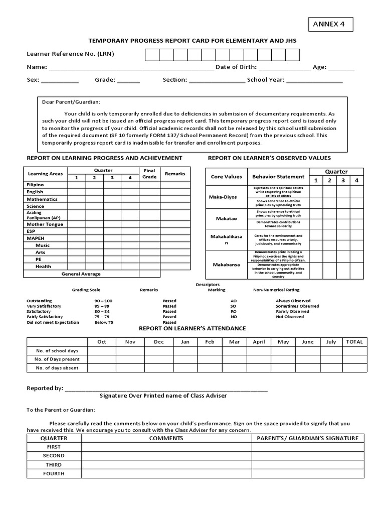 Temporary Progress Report Card For Elementary and Jhs | PDF | Learning ...