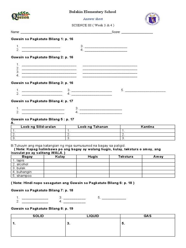 Answer Sheet Week 3 First Quarter | PDF