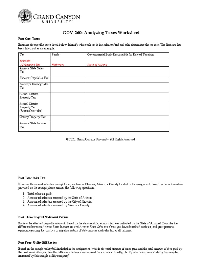 Arizona Taxes Analysis Worksheet | PDF