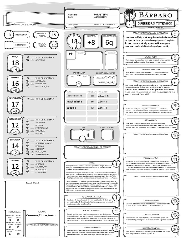 DND 5e - Ficha - Bárbaro - Editável | PDF