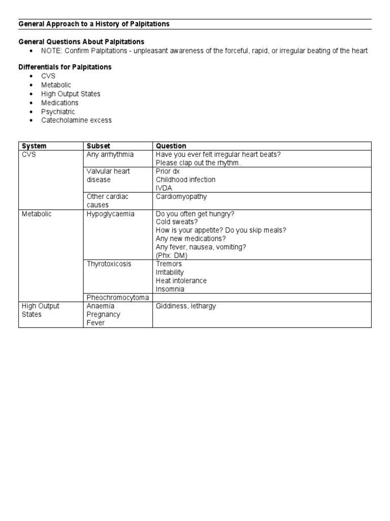 General Approach To A History of Palpitations General Questions About ...