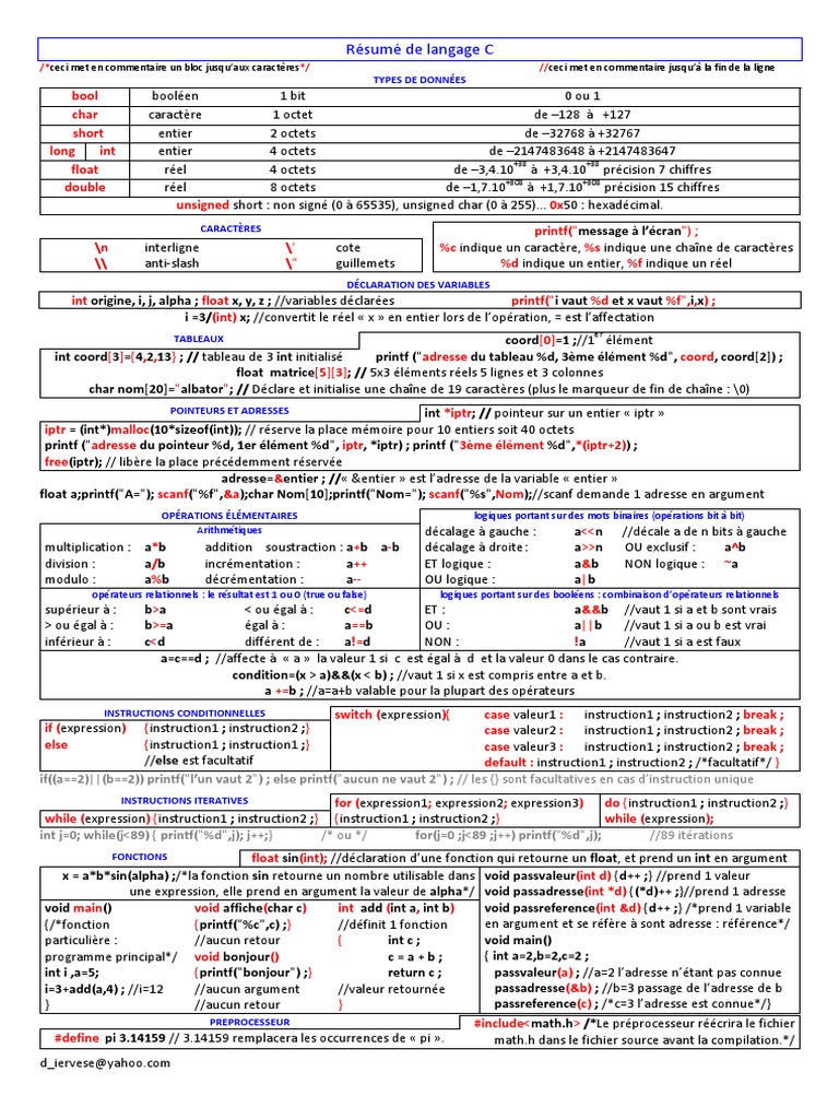 Resume C | PDF | Pointeur (programmation) | C (Langage de programmation)