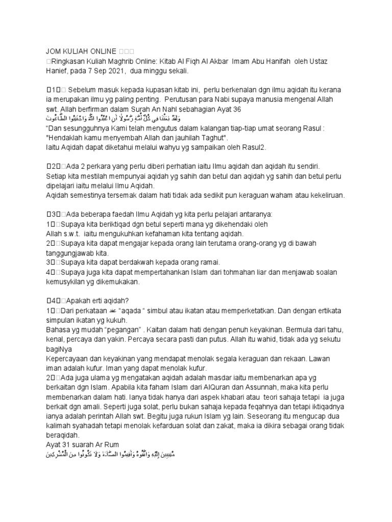 Ringkasan Kuliah Aqidah Fiqh Akbar 1 | PDF