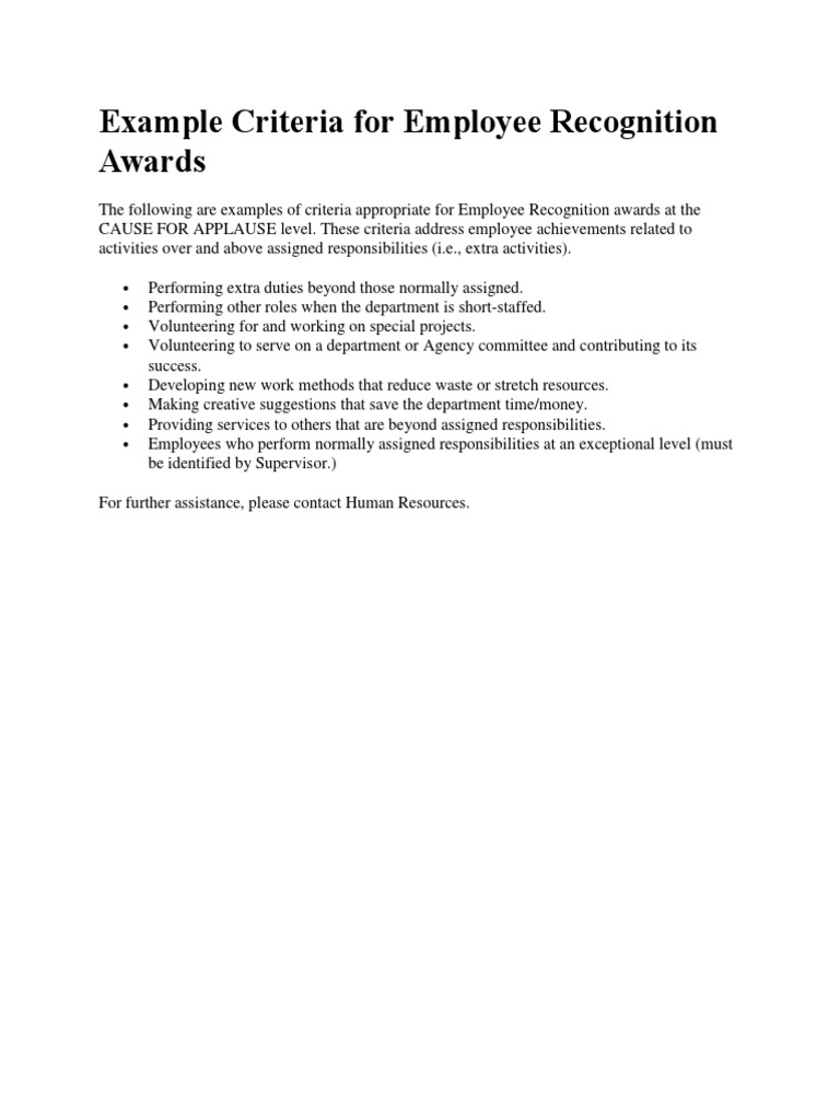 Example Criteria For Employee Recognition Awards | PDF