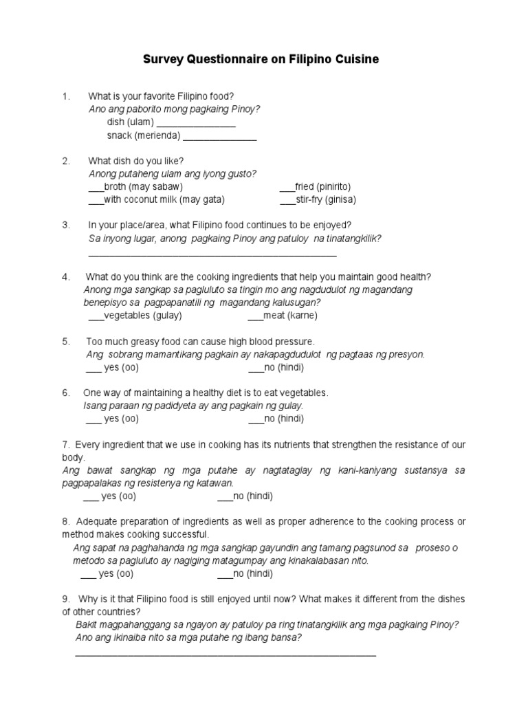 Survey Questionnaire On Filipino Cuisines | PDF