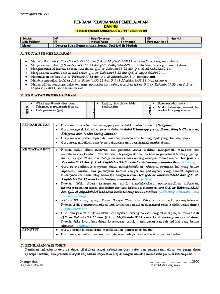 RPP 1 Lembar Daring Pai Kelas 7 Full Semester | PDF