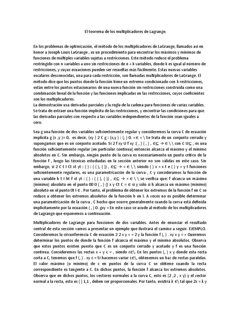 El Teorema de Los Multiplicadores de Lagrange | PDF | Objetos matemáticos | Análisis matemático