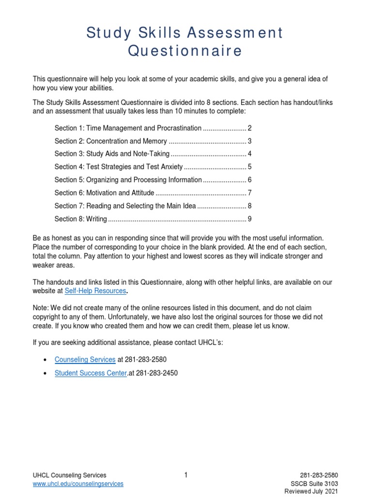 Study Skills Assessment Questionnaire | PDF | Study Skills | Test ...