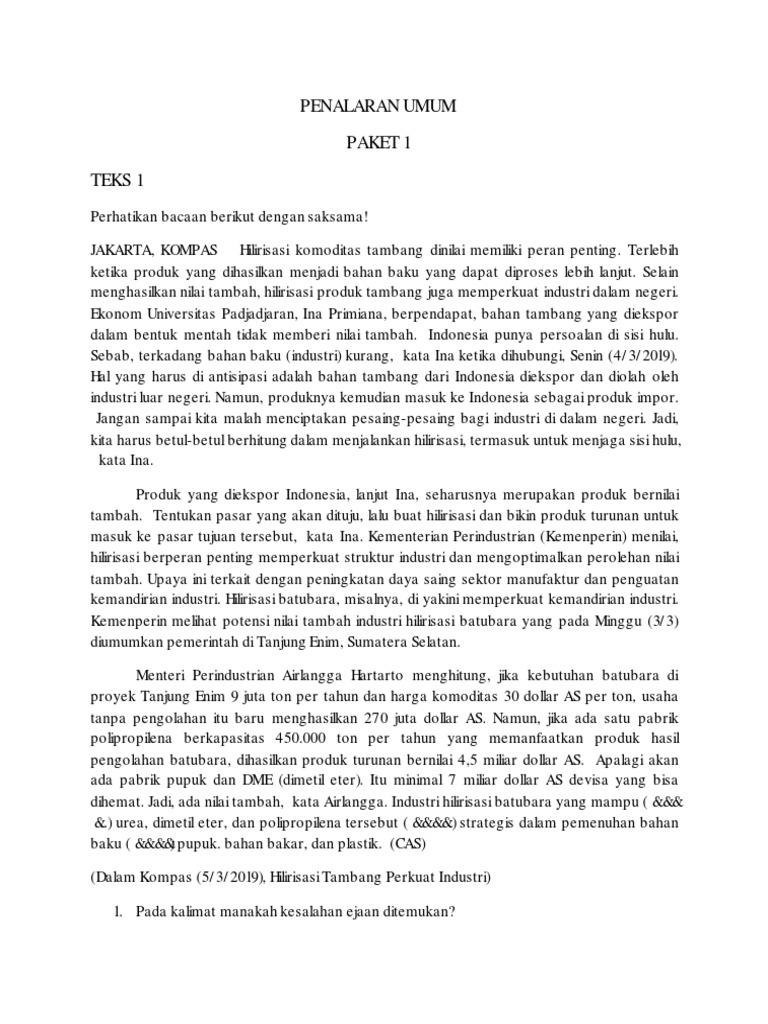 Penalaran Umum Paket 1 Teks 1: " "Kata Ina | PDF