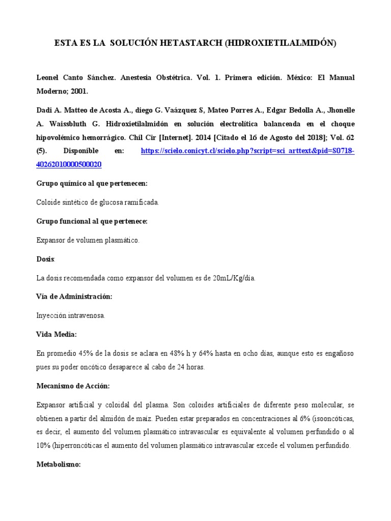 Solución Hetastarch | PDF | Medicamentos con receta | Medicina CLINICA