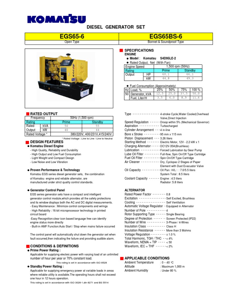 Diesel Generator Set Specifications and Dimensions for Komatsu S4D95LE ...