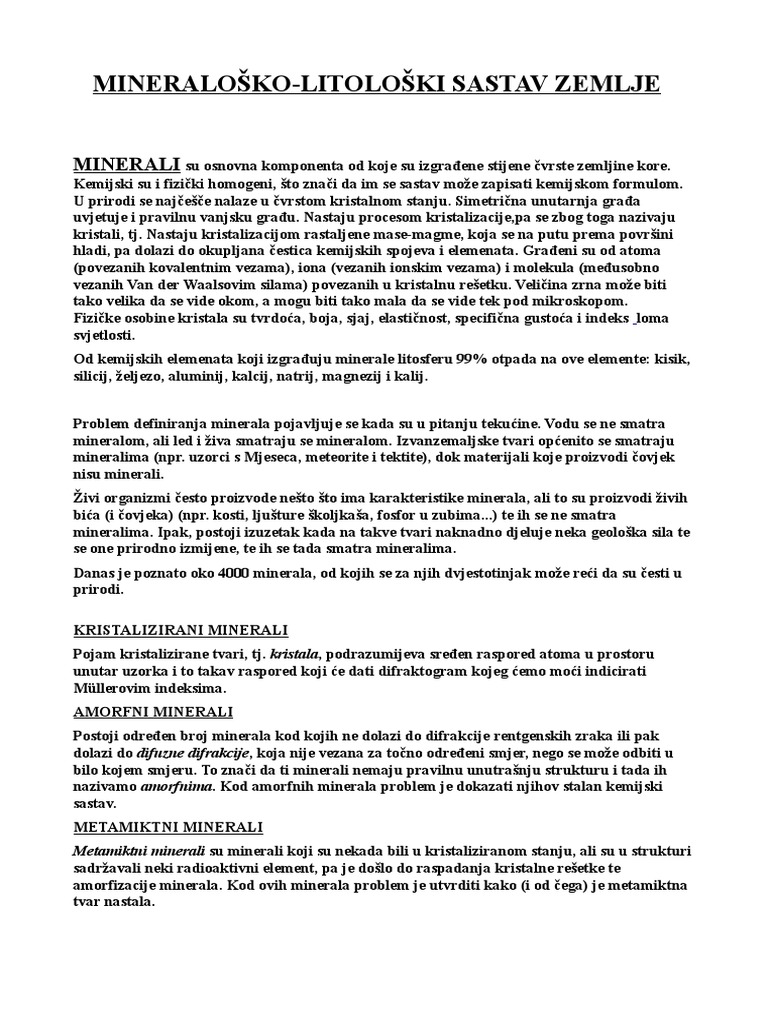 Mineraloško-Litološki Sastav Zemlje | PDF