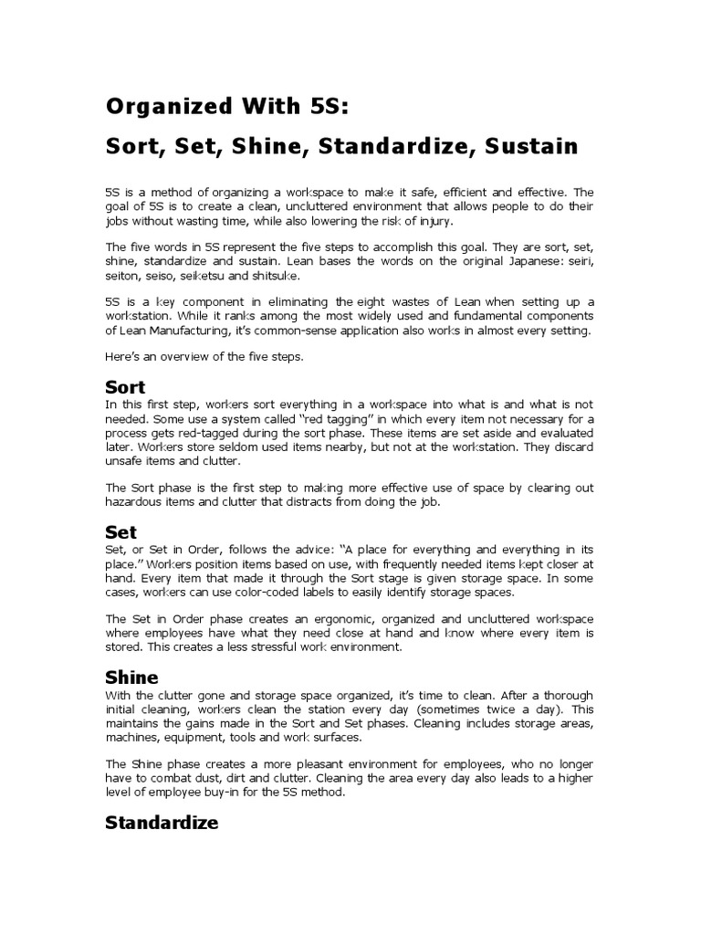 Organized With 5S: Sort, Set, Shine, Standardize, Sustain | PDF | Six ...
