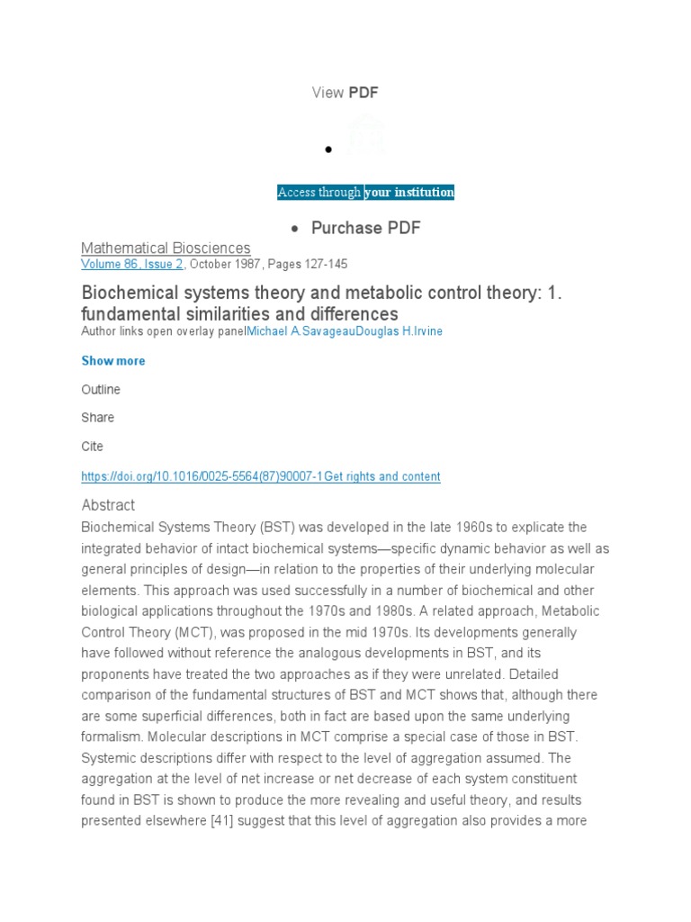 Biochemical Systems Theory and Metabolic Control Theory: 1. Fundamental ...
