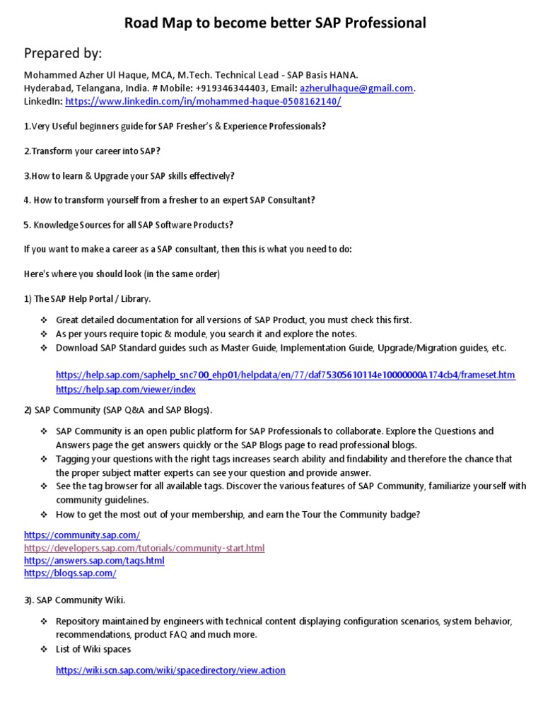 Road Map To Become Better SAP Professional: Prepared by | PDF | Wiki | Blog