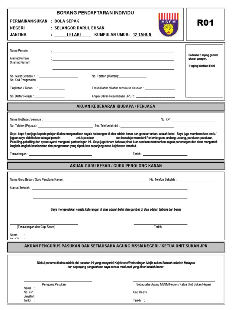 Borang Pendaftaran Pemain Bola Sepak | PDF