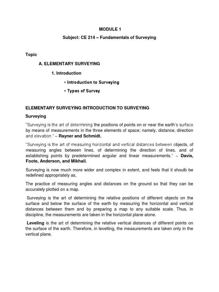 MODULE 1 CE 214 Fundamentals of Surveying | PDF | Surveying | Geodesy