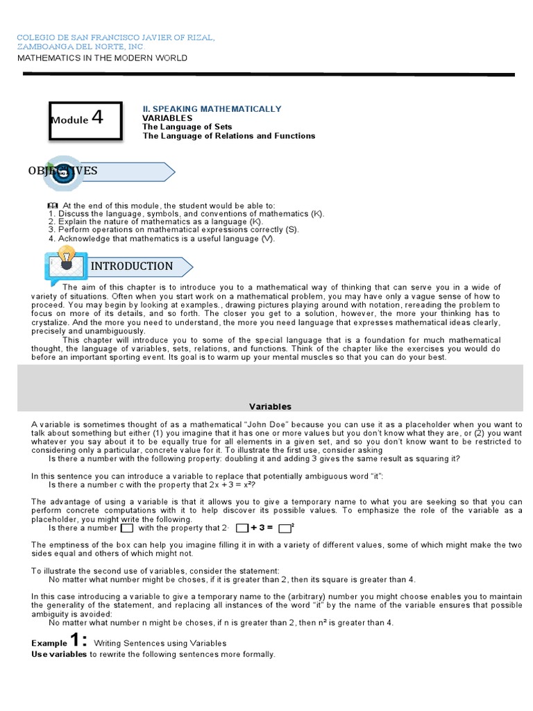 Objectives: Ii. Speaking Mathematically | Download Free PDF | Variable (Mathematics) | Numbers