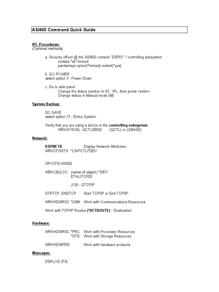AS/400 Command Quick Guide: IPL Procedures | PDF | Booting | Software ...