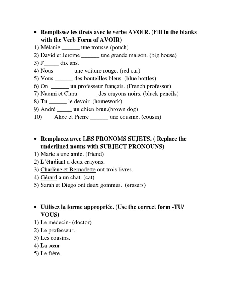 Avoir Subject Pronouns | PDF