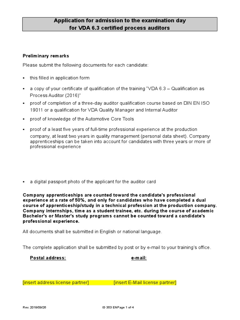 Application For Admission To The Examination Day For VDA 6.3 Certified ...