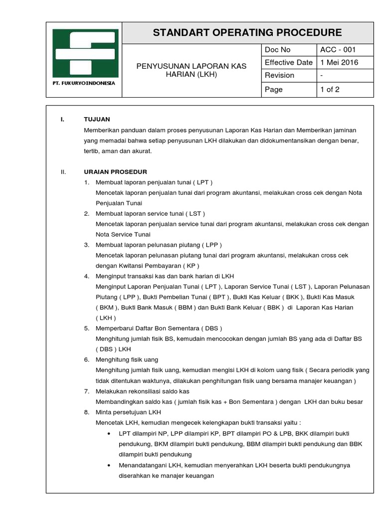 Sop-Acc-001 - Penyusunan Laporan Kas Harian (LKH) | PDF