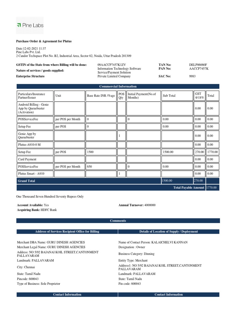 Purchase Order & Agreement For Plutus: Commercial Information | PDF | Debit Card | Payments