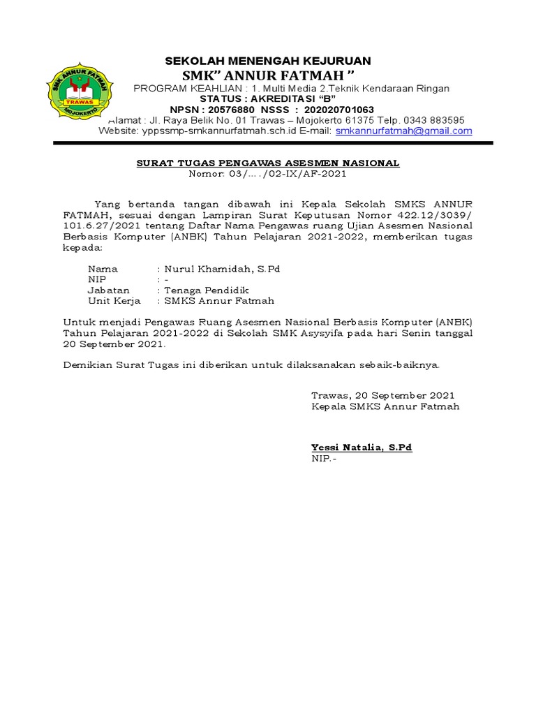 Surat Tugas Pengawas ANBK | PDF