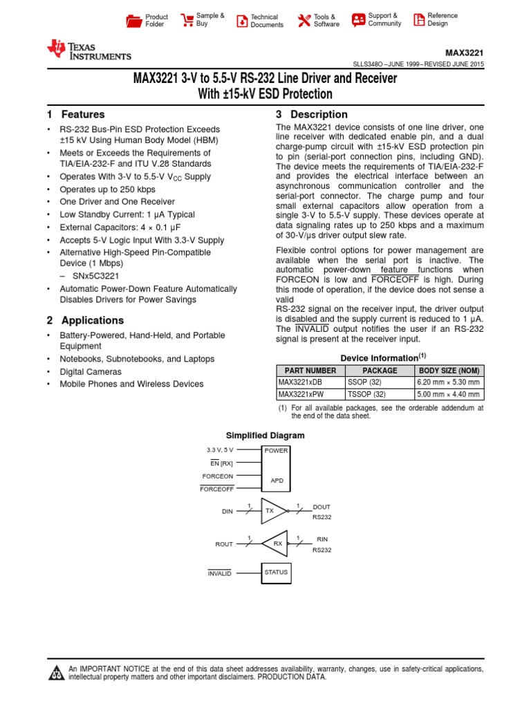 MAX3221 3-V To 5.5-V RS-232 Line Driver and Receiver With 15-kV ESD ...