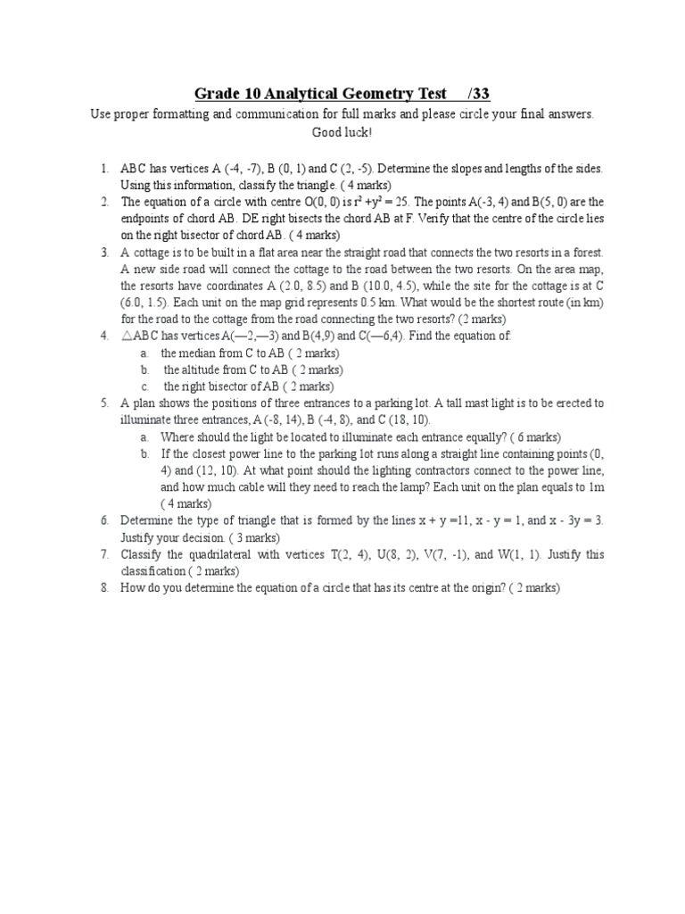 Grade 10 Analytical Geometry Test 2.0 | PDF