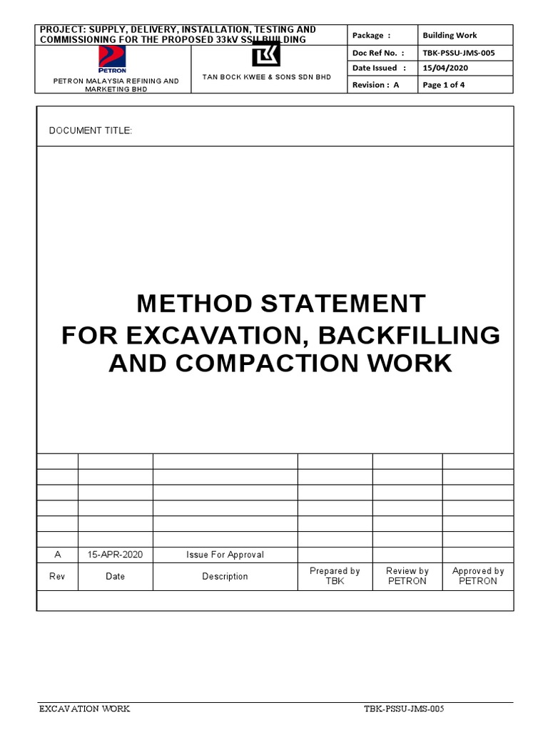 Method Statement For Excavation, Backfilling and Compaction Work | PDF