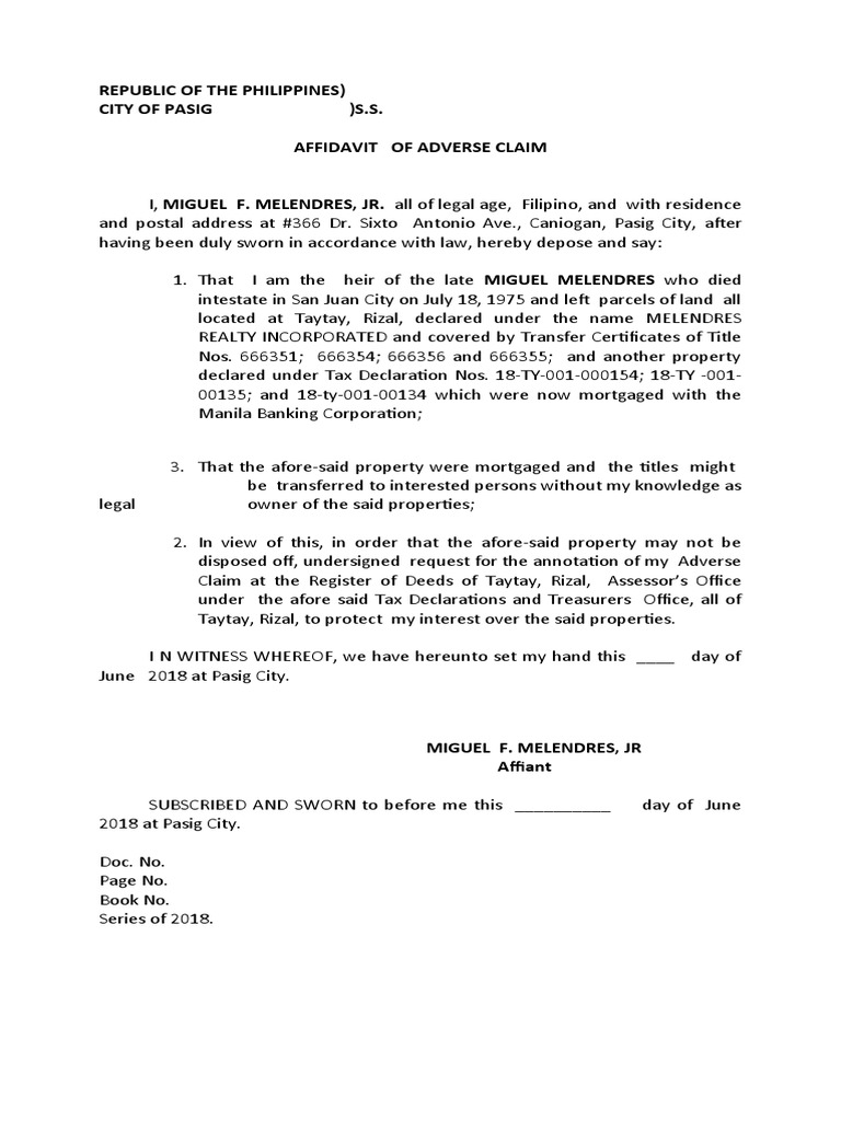 AFFIDAVIT For ADVERSE CLAIM (MIGUEL MELENDRES, JR | PDF