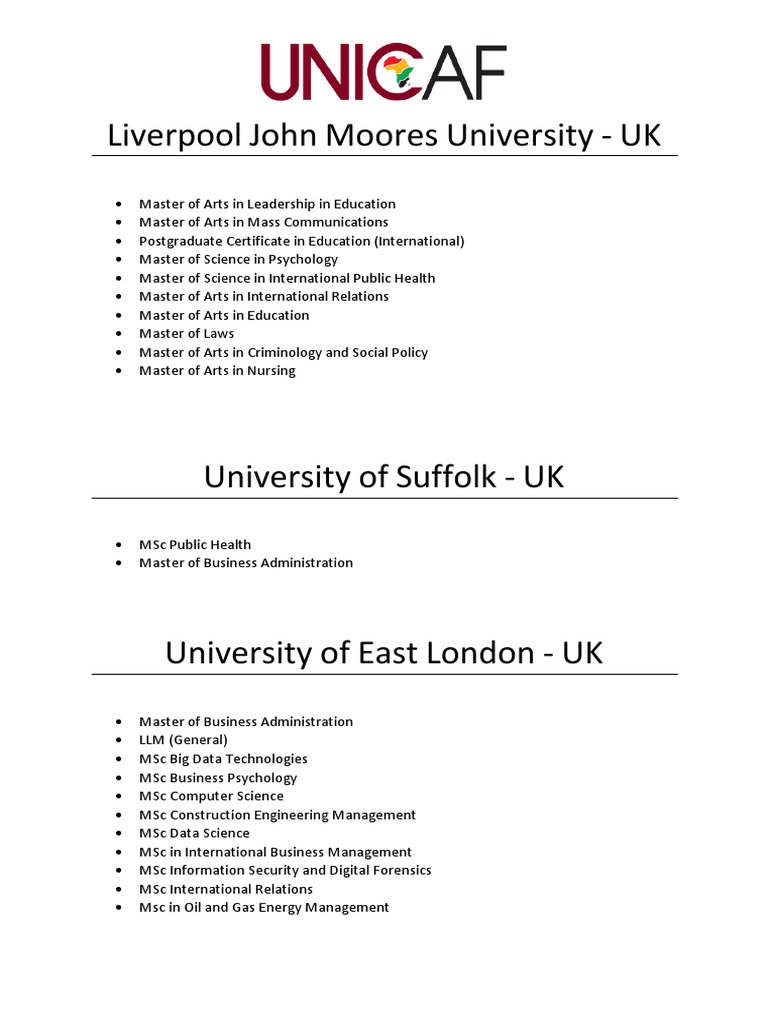 Unicaf - List of Available Courses | PDF | Master's Degree | Bachelor's ...
