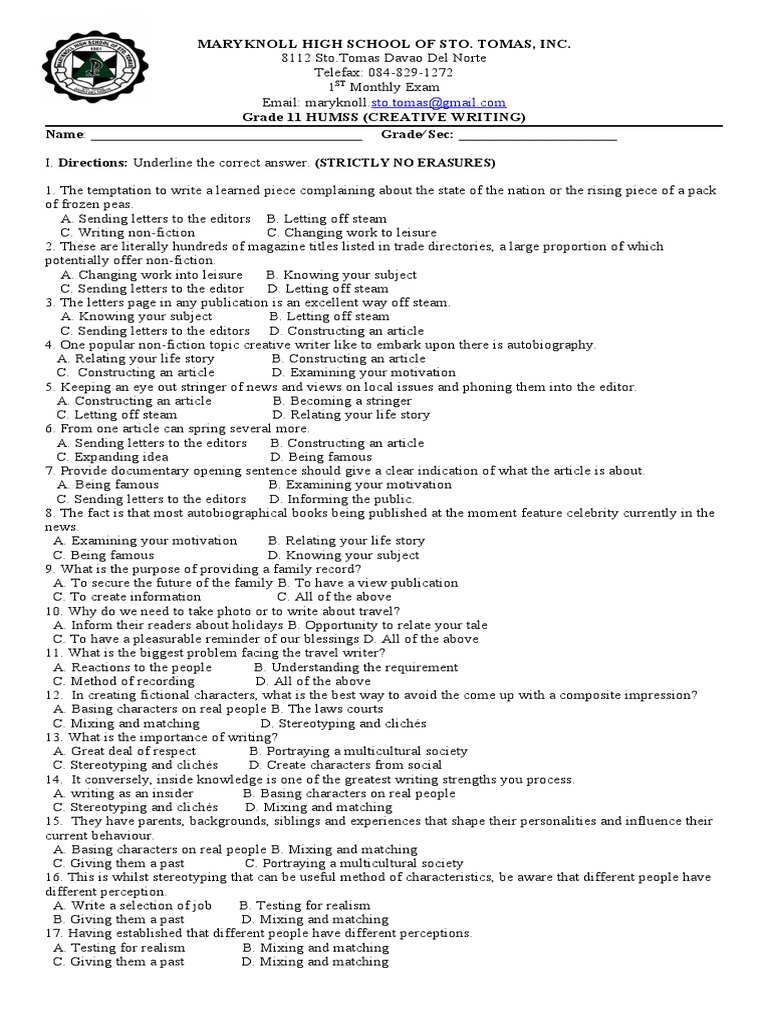 Grade 11 Creative Writing Exam Guide | PDF | Stereotypes | Perception