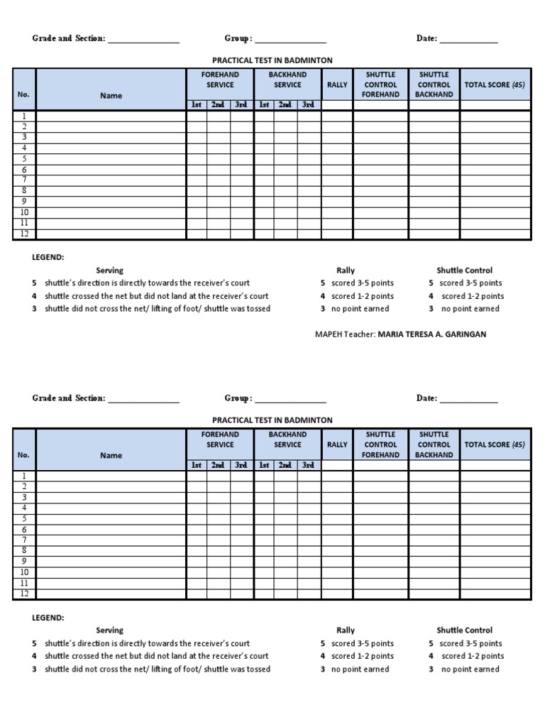 Student Badminton Skills Assessment | PDF | Olympic Sports | Olympic Games