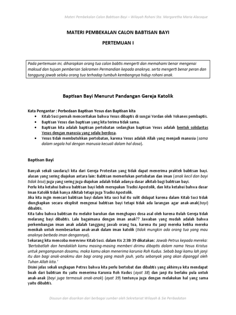 Materi Pembekalan Orang Tua Calon Babtis Bayi | PDF