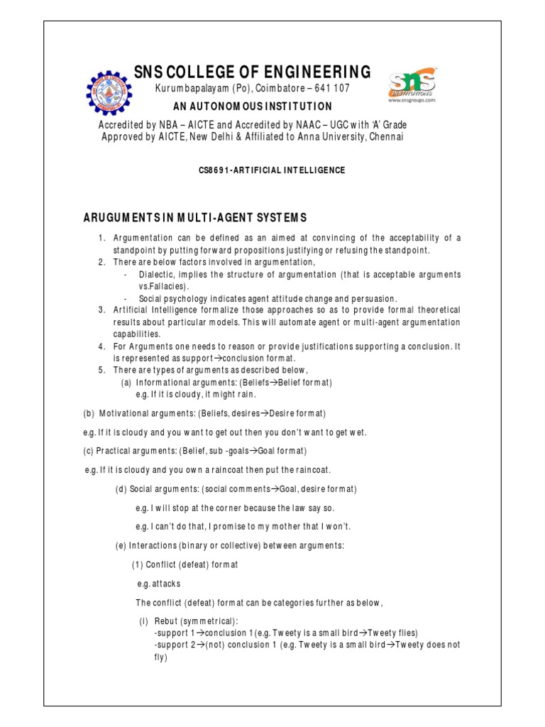 Sns College of Engineering: Aruguments in Multi-Agent Systems | PDF ...
