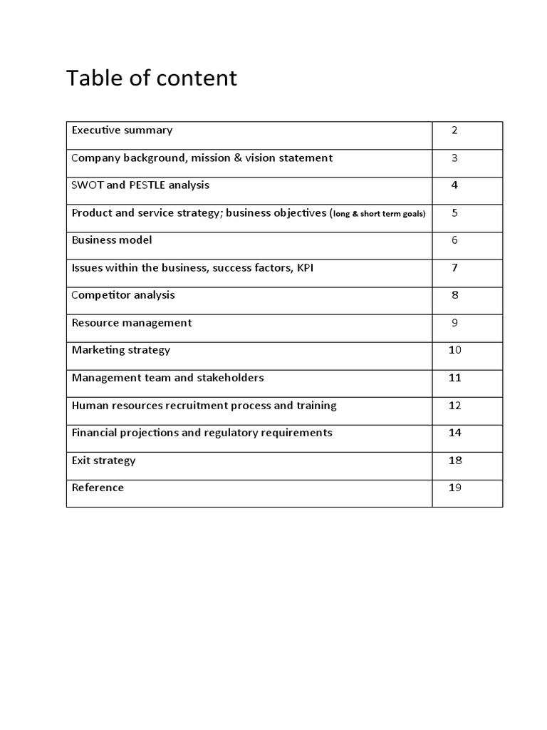 Table of Content - Business Plan | PDF | Business