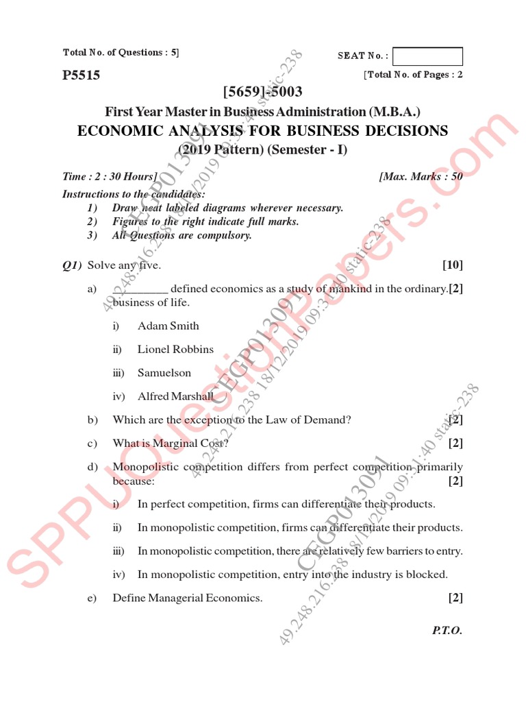 Postgraduate PG Mba Semester 1 2019 November Economic Analysis For Business Decision 2019 ...