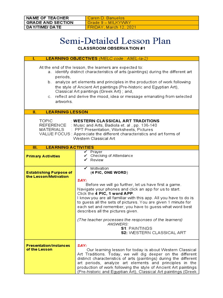 Grade 9 Art Lesson Plan | PDF | Paintings | Archaeology